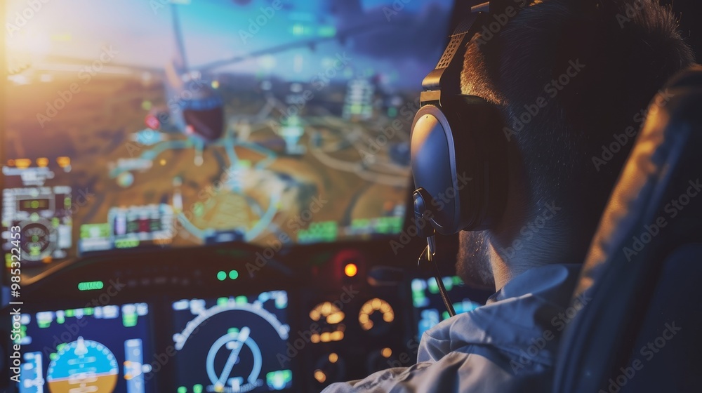 Pilot wearing headset, intently observing flight simulator screen with ...