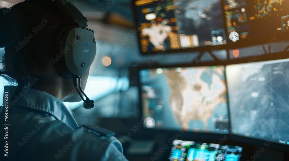 Pilot wearing headset, intently observing flight simulator screen with ...