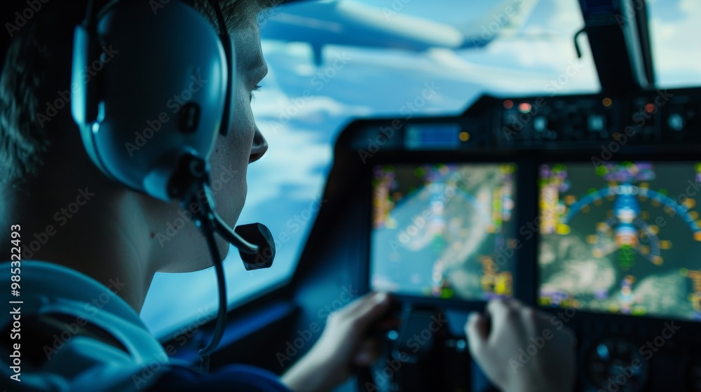 Pilot wearing headset, intently observing flight simulator screen with ...