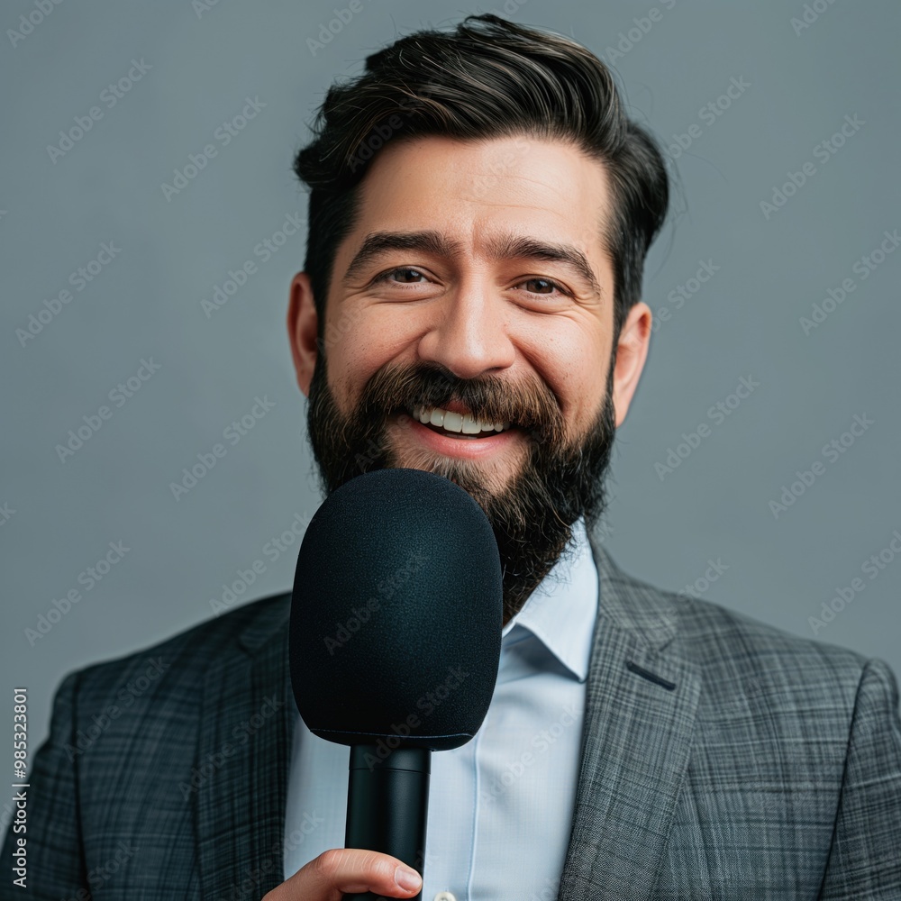 Confident journalist stands confidently with hands on hips, dressed in ...