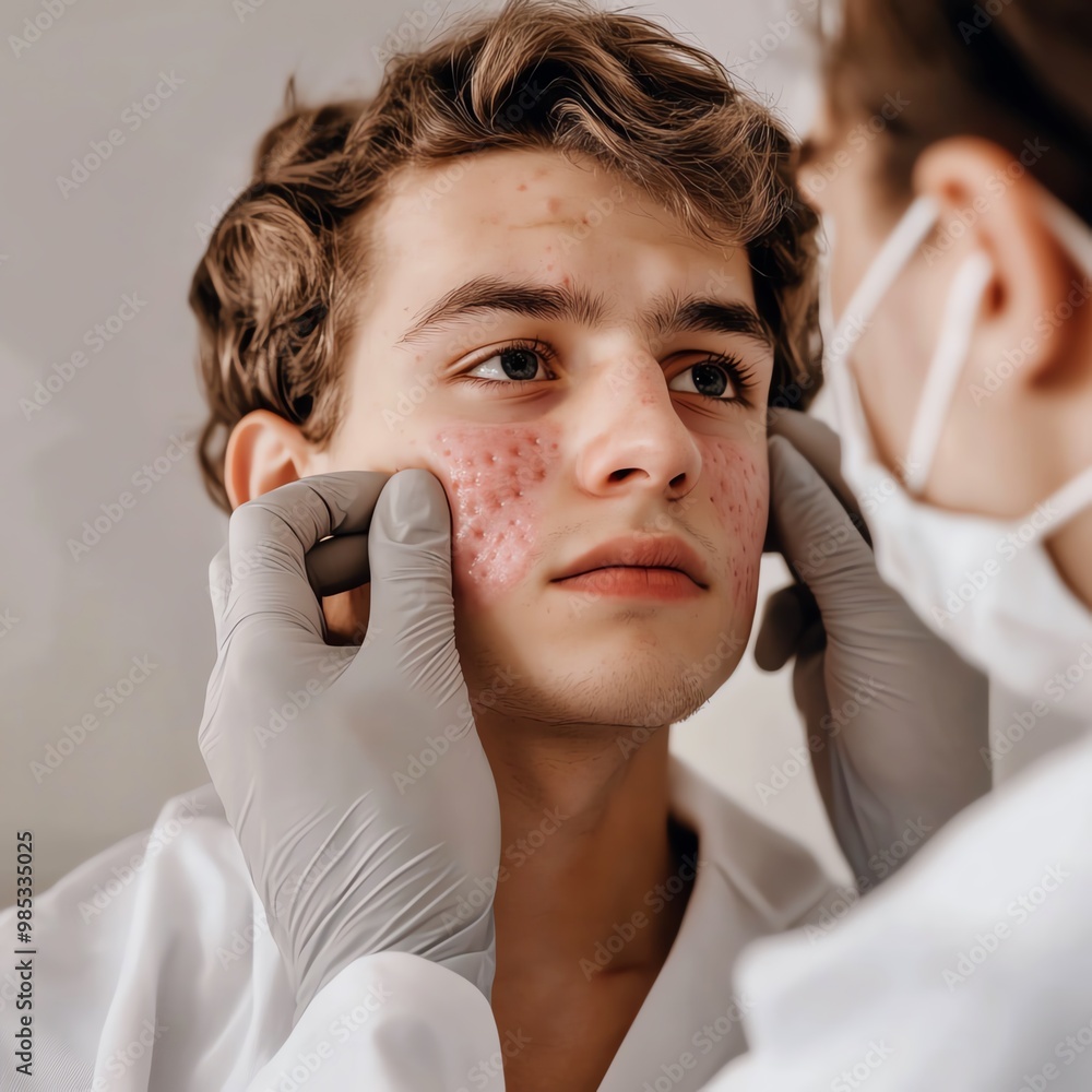 Dermatologist examining teenage patient's facial acne in a medical ...