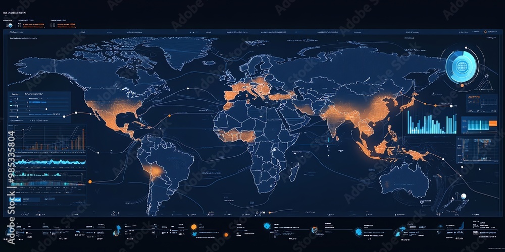 Futuristic world map with data visualizations, showing global connections and statistics. foto ...