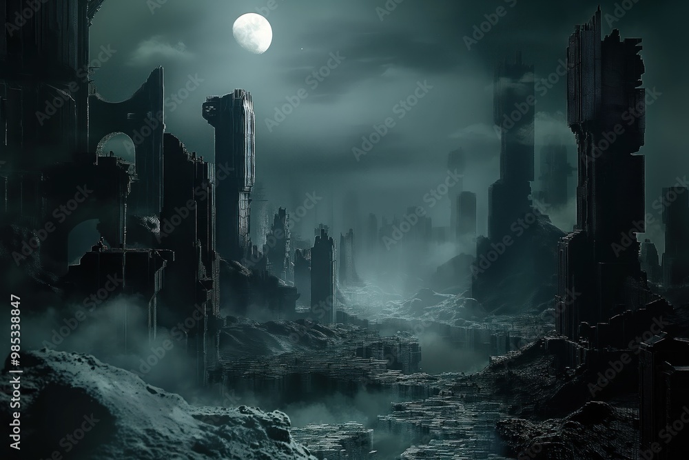 Dystopian cityscape with dark, foggy atmosphere. 3D-rendered ...
