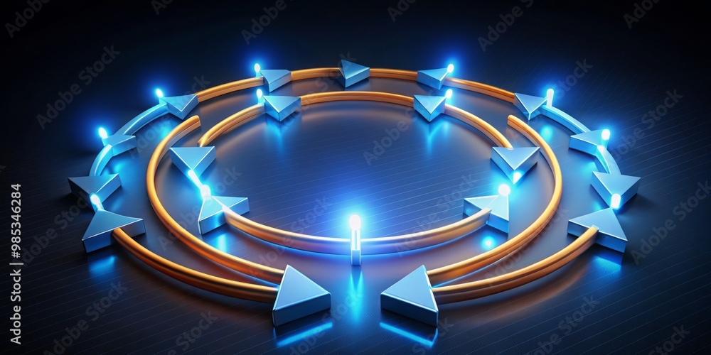 Curved digital arrows orbit a central point, visualizing a multitude of ...