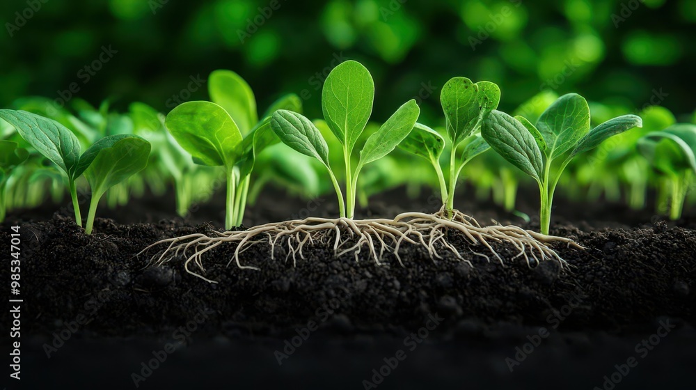 A garden with microplastic-contaminated soil, where plant roots and ...