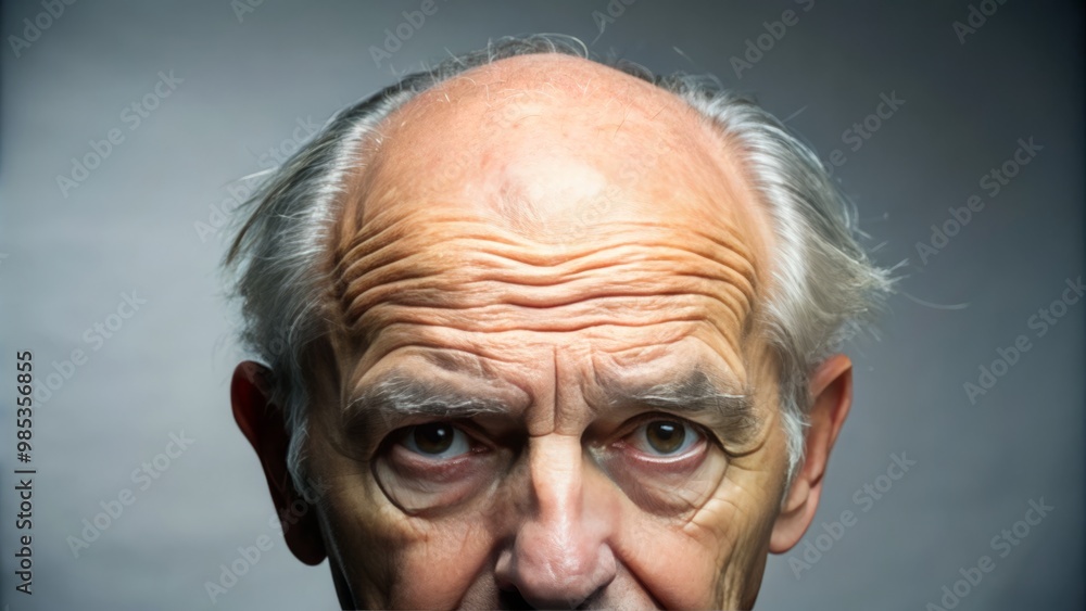 Elderly man with salt-and-pepper hair, sporting prominent balding spots ...