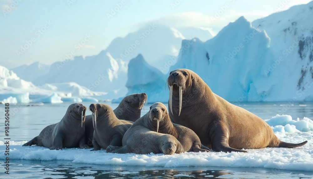 Walrus and seals on an iceberg in the Arctic Ocean. Wildlife ...