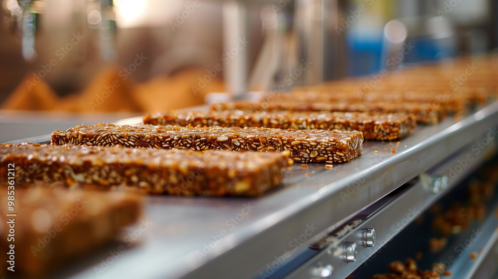 Production line of granola bars with seeds and nuts in a food ...