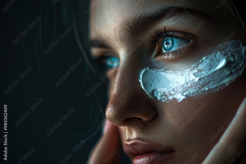 Caucasian model applies white cream on her face, highlighting healthy ...