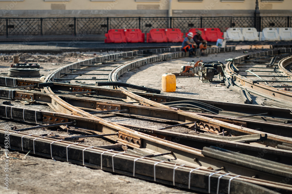 Major tram track overhaul on closed city street. Rail junction with ...