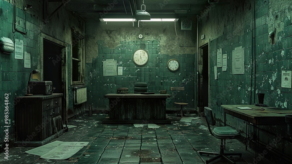 Poster Abandoned Office Interior with Green Tiles and Dim Lighting ...
