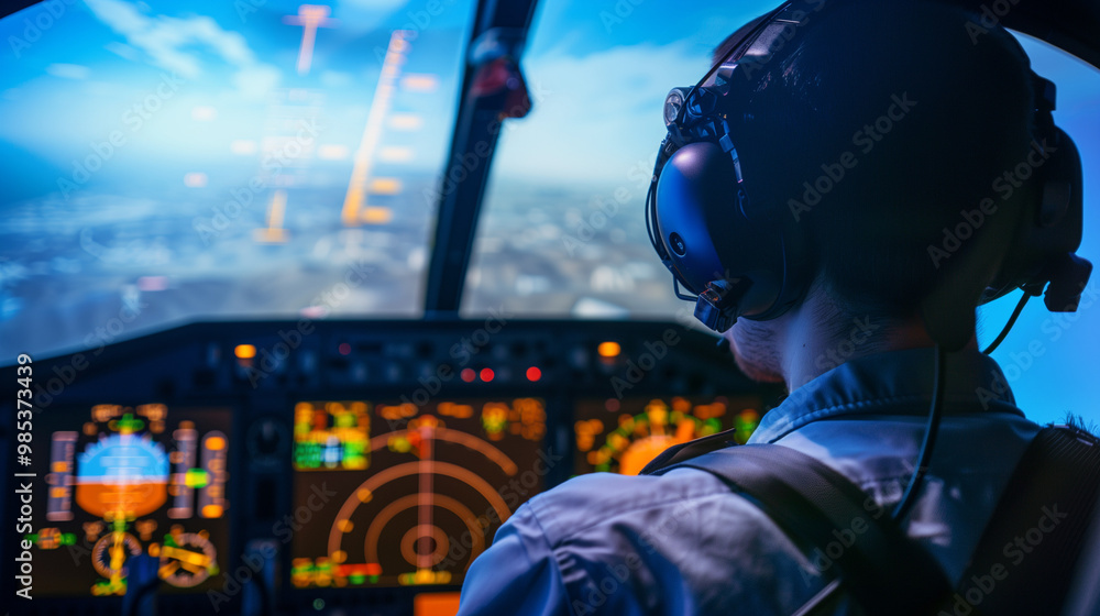 Pilot wearing headset, intently observing flight simulator screen with ...