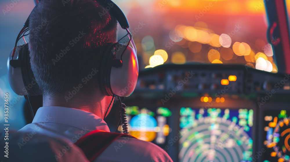 Pilot wearing headset, intently observing flight simulator screen with ...