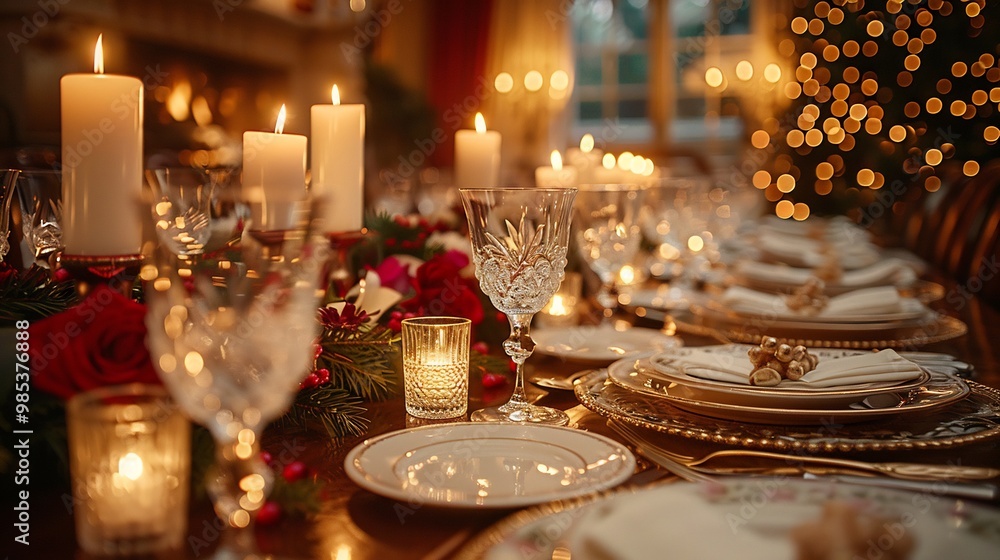 Highangle shot of an elegant dining table set for a formal dinner with ...