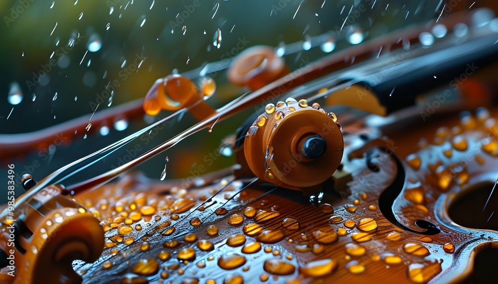 Raindrops glisten on the surface of a violin, showcasing the beauty of ...