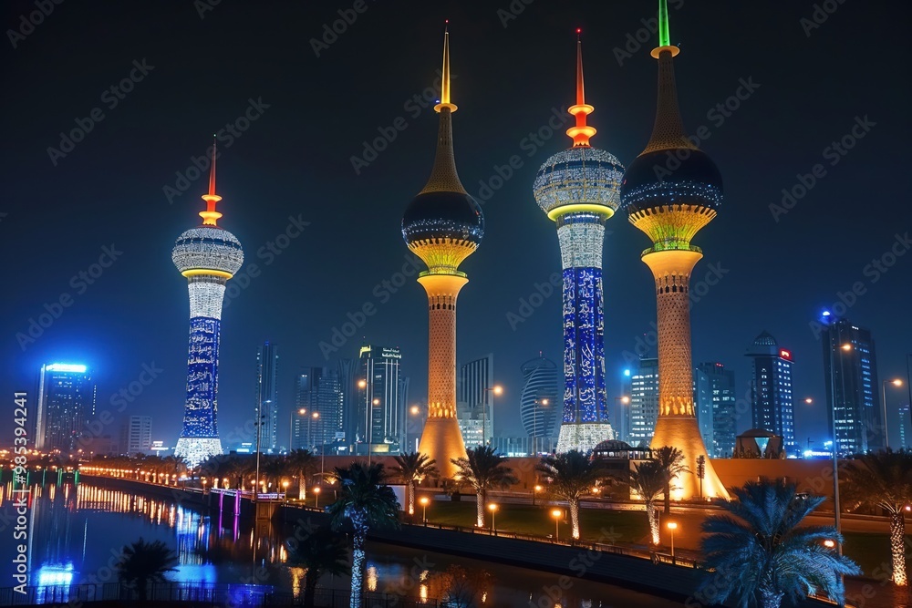 Kuwait City illuminated towers at night. Cityscape view of skyscrapers ...