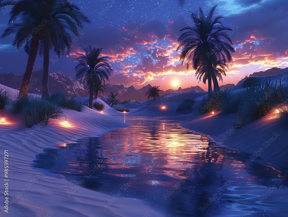 Magical desert oasis at night with glowing sand dunes a moonlit palm ...