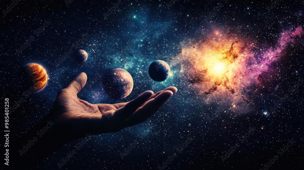 Brahma holding the universe in his palm, stars and planets forming in a ...
