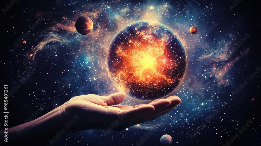 Brahma holding the universe in his palm, stars and planets forming in a ...