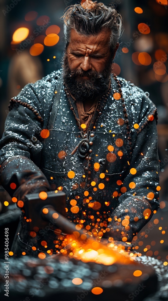 Medieval blacksmith forging a sword hammering glowing metal on an anvil ...