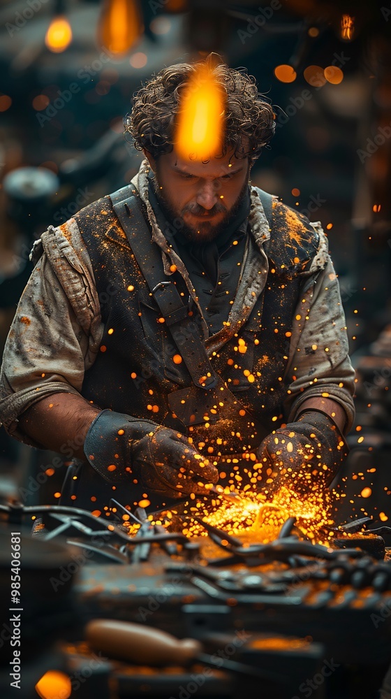Medieval blacksmith forging a sword hammering glowing metal on an anvil ...