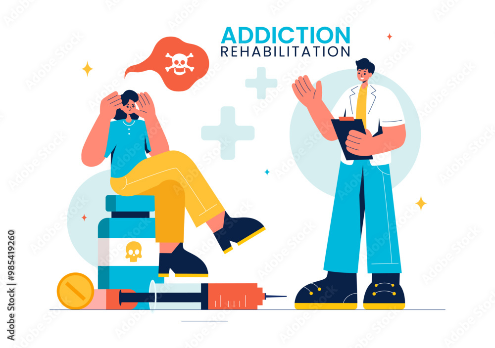 Addiction Rehabilitation Vector Illustration featuring an Inpatient ...