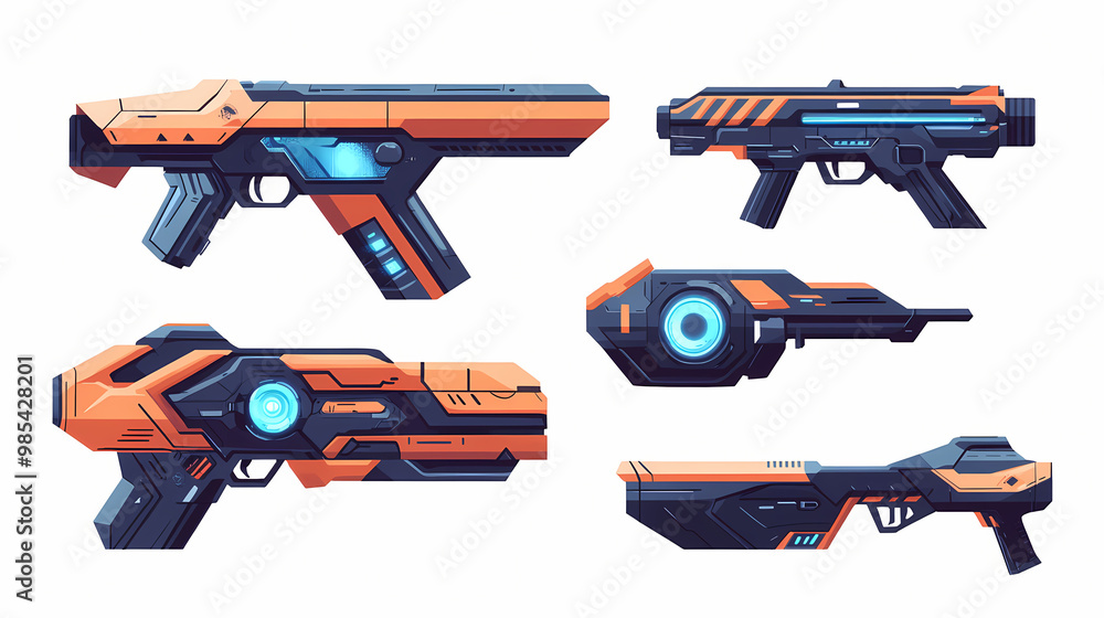 Blasters, laser guns, futuristic alien weapons. modern cartoon set with ...