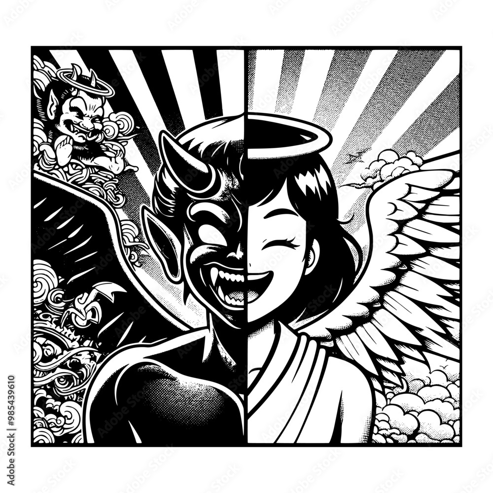 half demon and half angel black and white design Stock Vector | Adobe Stock