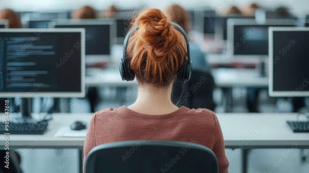 Students working in a modern computer lab with sleek workstations, high ...