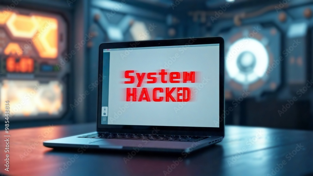 System Hacked Laptop Warning, A laptop computer screen displaying a red ...
