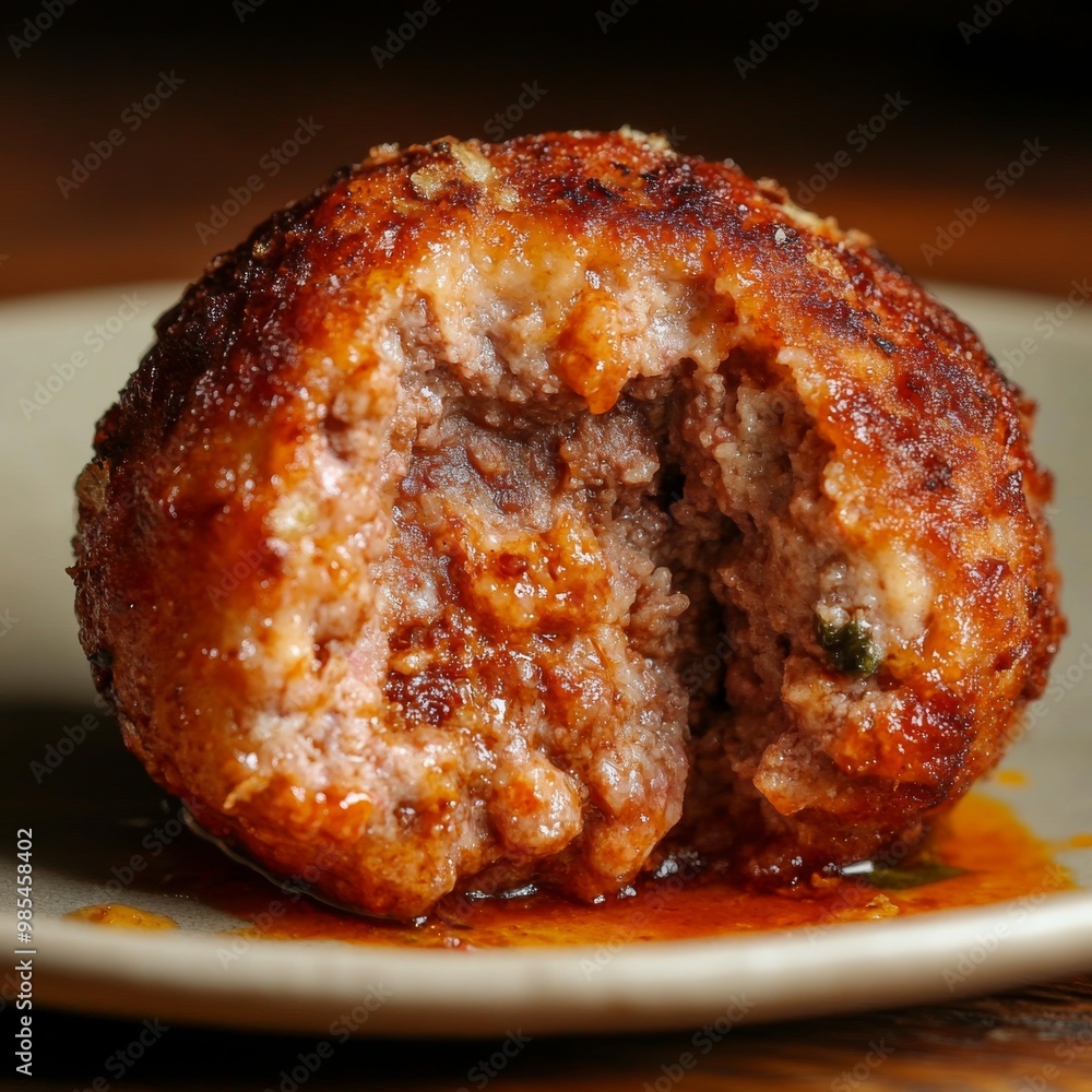 A single meatball sliced open to reveal a juicy, flavorful interior ...