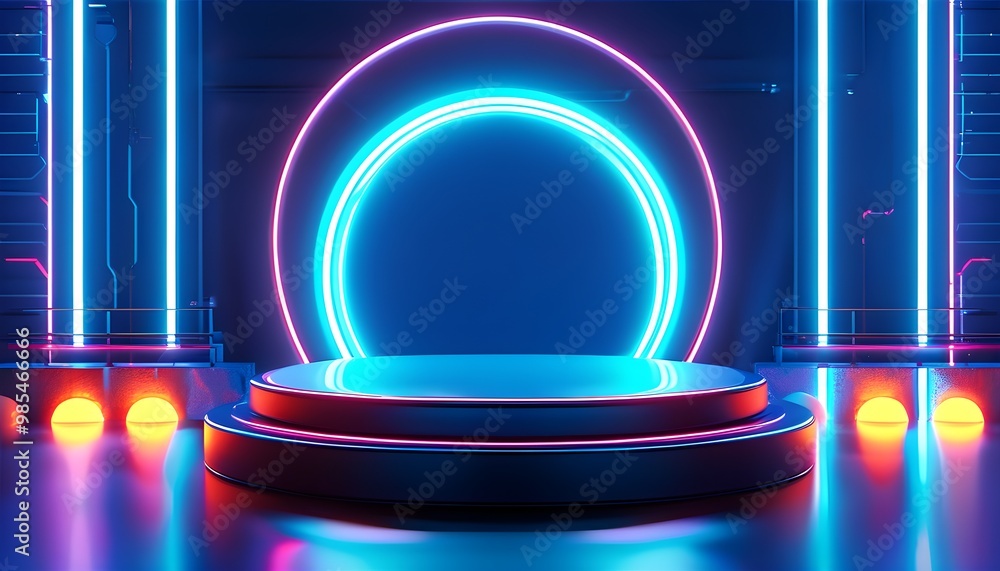 Futuristic blue neon podium with 3D light effects in a cyberpunk stage ...