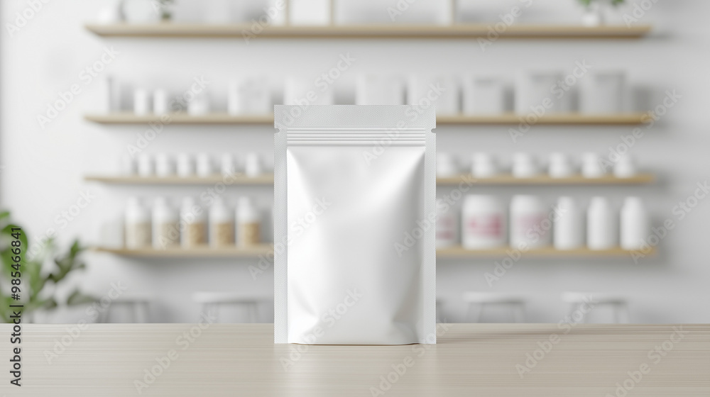mockup white supplement bag upright on round rattan table, facing front ...