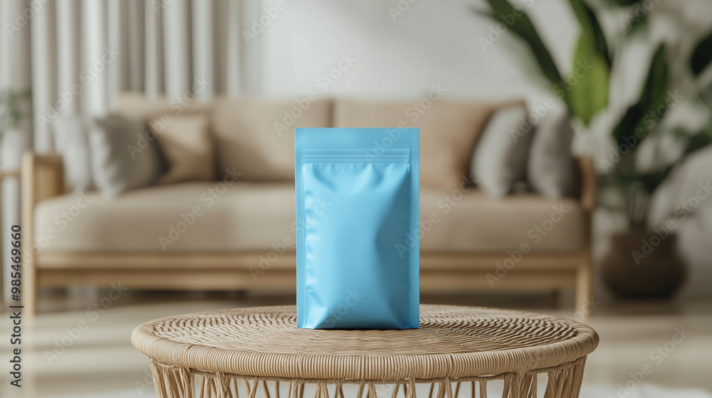 mockup blue supplement bag upright on round rattan table, facing front ...