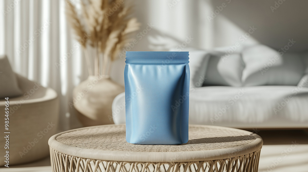 mockup blue supplement bag upright on round rattan table, facing front ...