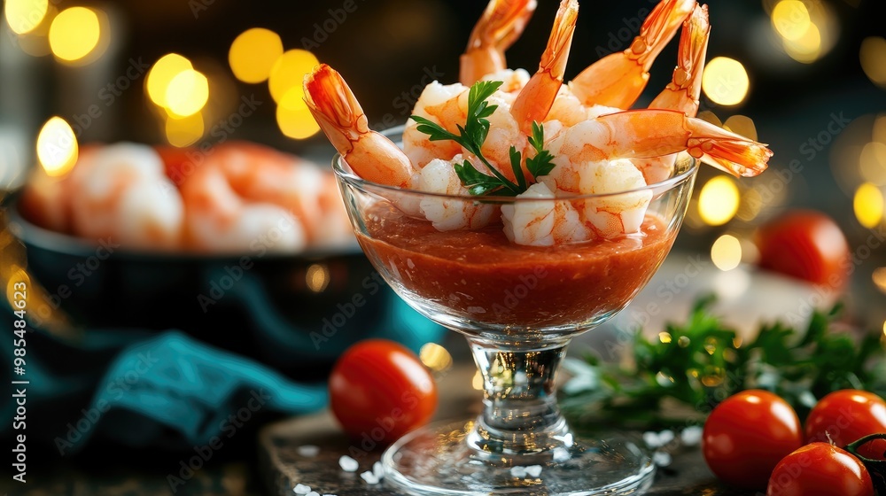 Succulent shrimp cocktail with tangy dipping sauce, arranged elegantly ...