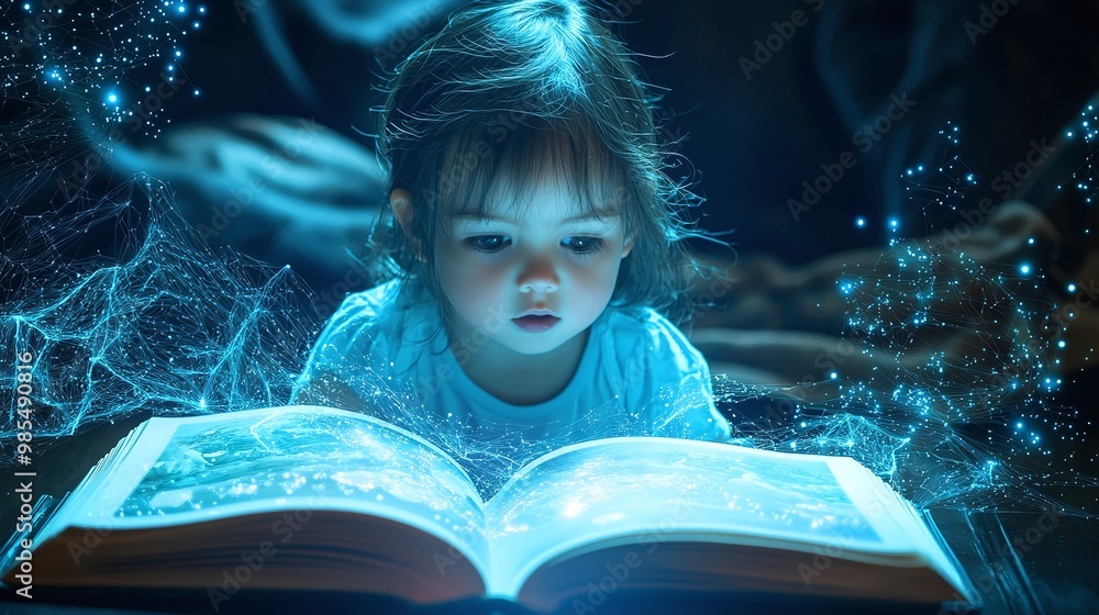 young child reading a storybook, with the pages with futuristic ...
