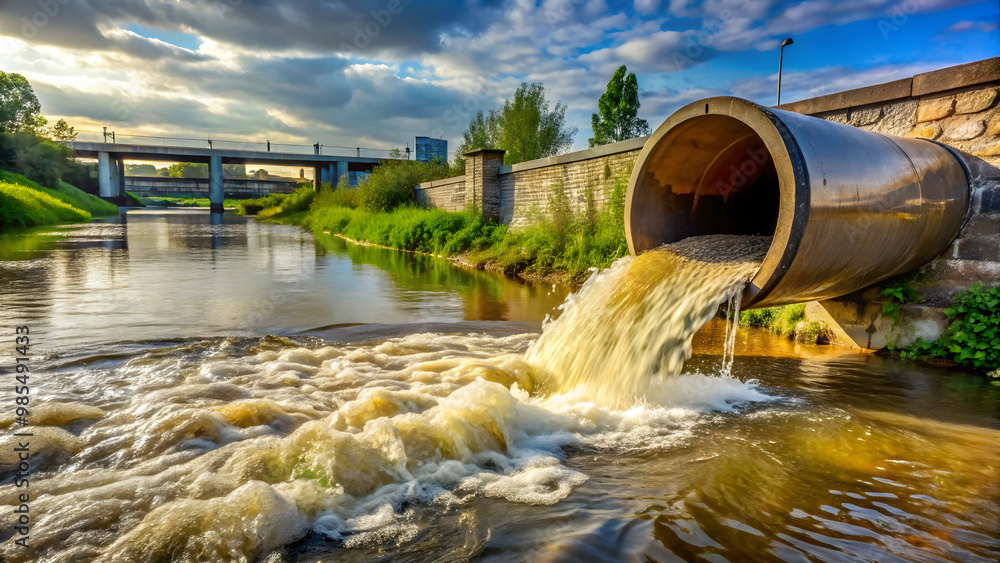 Polluted river contaminated by wastewater from a rusty pipe, creating ...