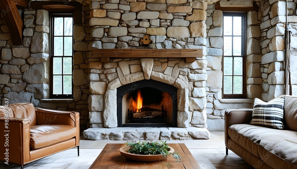 Majestic stone fireplace inside an ancient castle with intricate ...