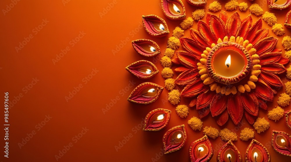 Multiple diyas arranged in a spiral pattern around an intricate flower ...