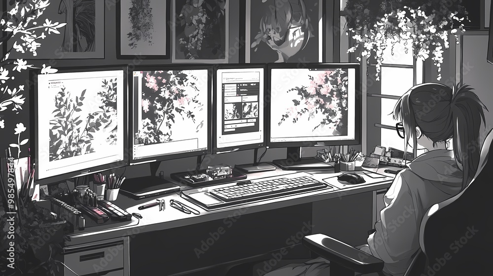 illustration of an anime-style girl working at her desk in front of ...