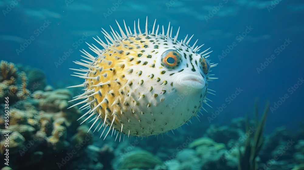 Pufferfish inflated into a spiky ball, displaying its poisonous spines ...