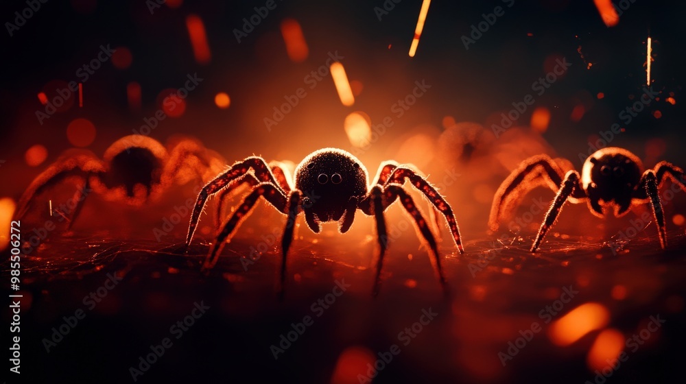 Close-up of spiders in a fiery atmosphere, highlighting their intricate ...
