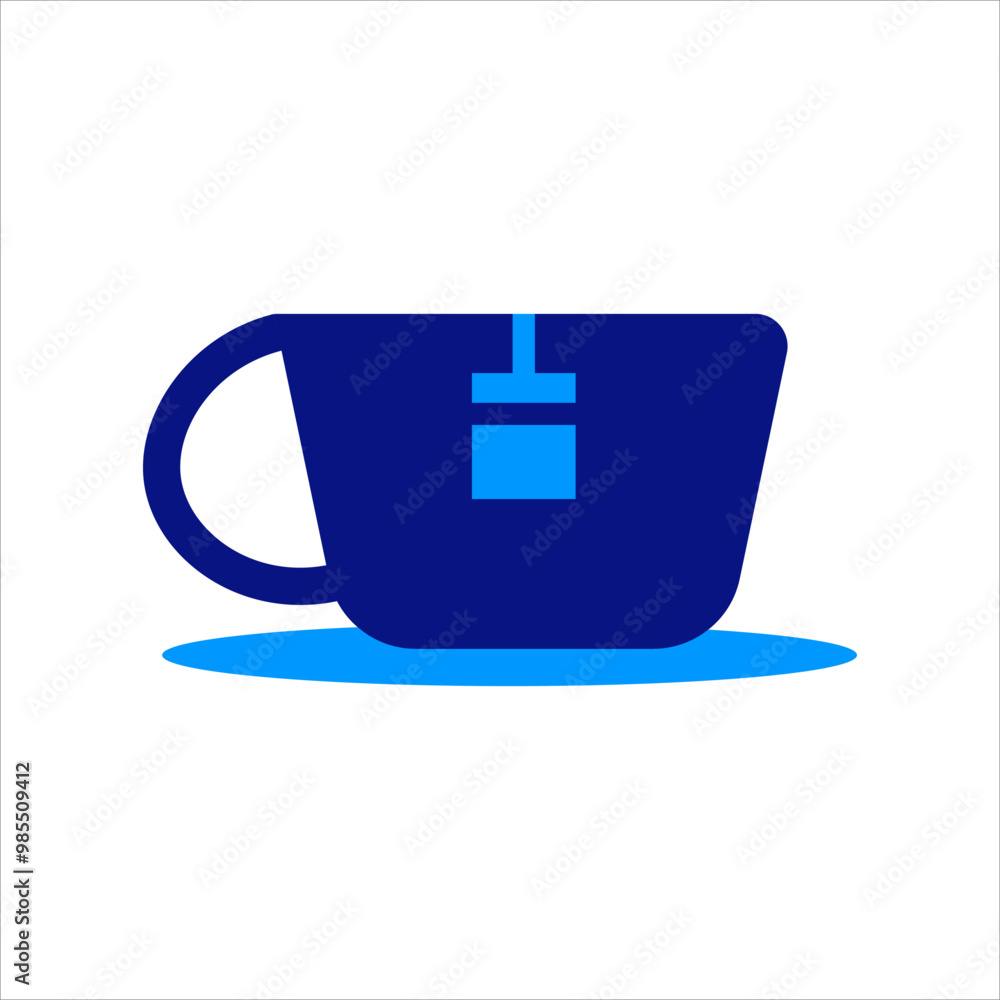 Simple tea cup with a tea bag inside, blue illustration depicting a hot ...