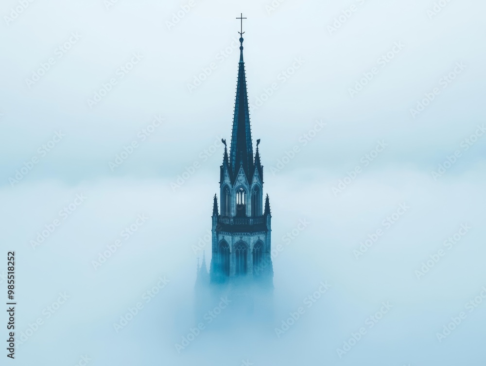 Towering spire of a Gothic temple rising above fog, with angelic ...