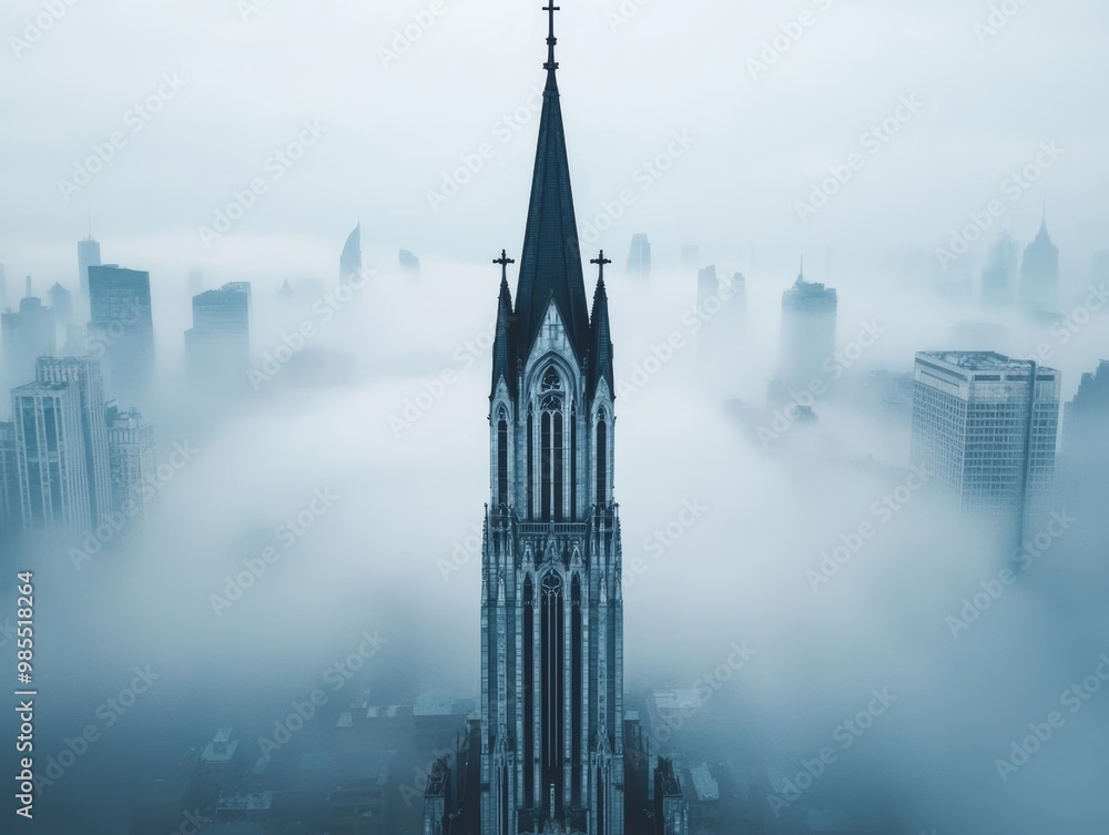 Towering spire of a Gothic temple rising above fog, with angelic ...