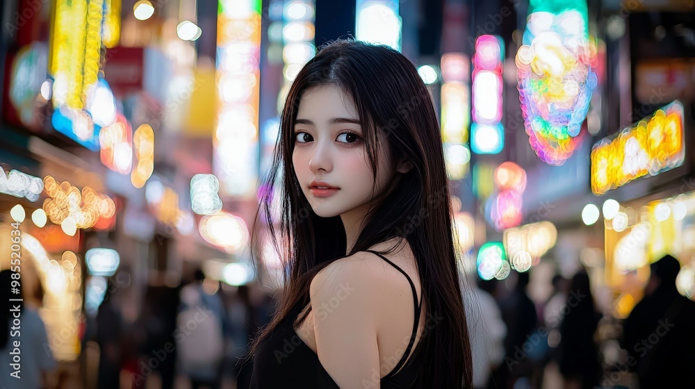 Portrait of a beautiful woman in Tokyo's Akihabara district at night ...