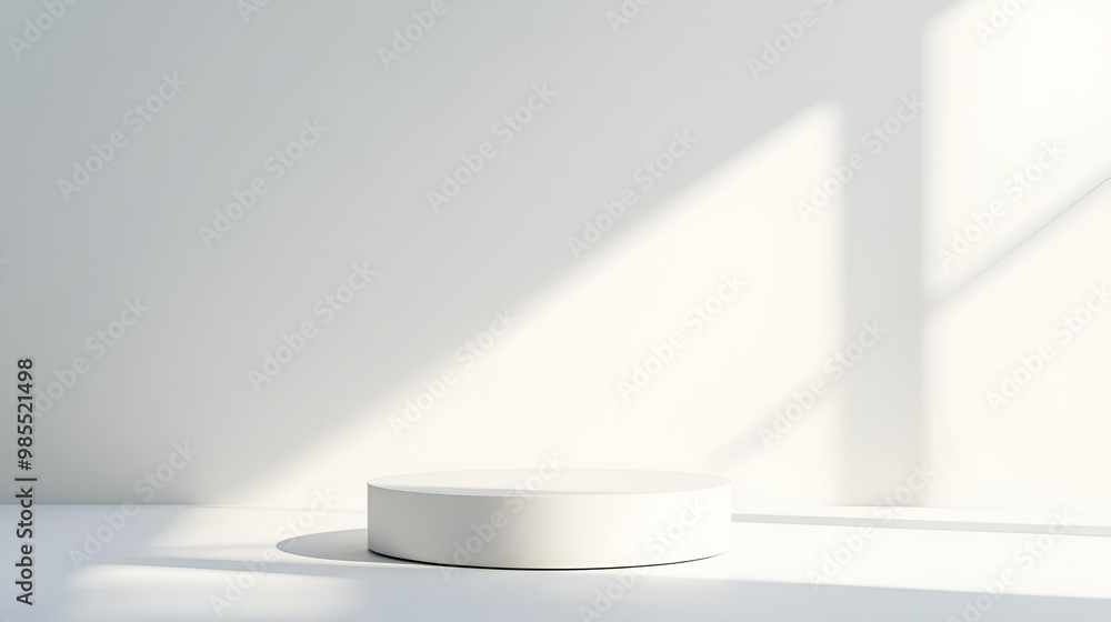 White round podium in white room with shadow on the wall,Abstract ...