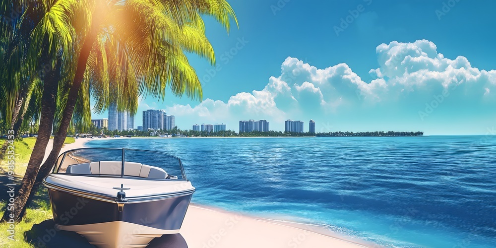 blue white speedboat in miami vice style, deep blue sea, miami skyline ...