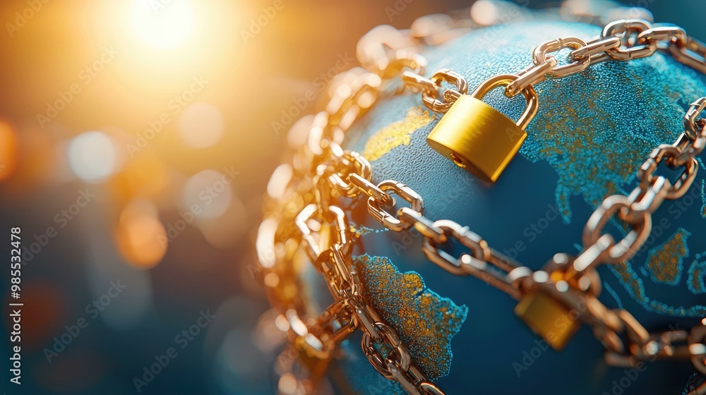 Conceptual illustration of a globe encased in chains and padlocks ...